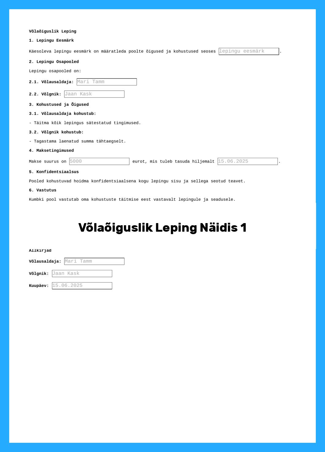 Võlaõiguslik Leping Näidis - Leping PRO